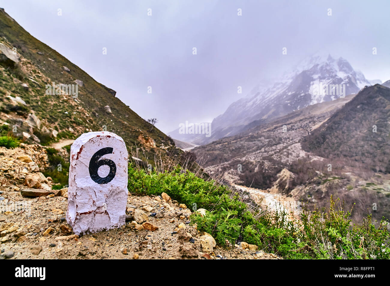 Kilometer stone in Himalaya mountains. Gaumukh glacier, Gangotri ...