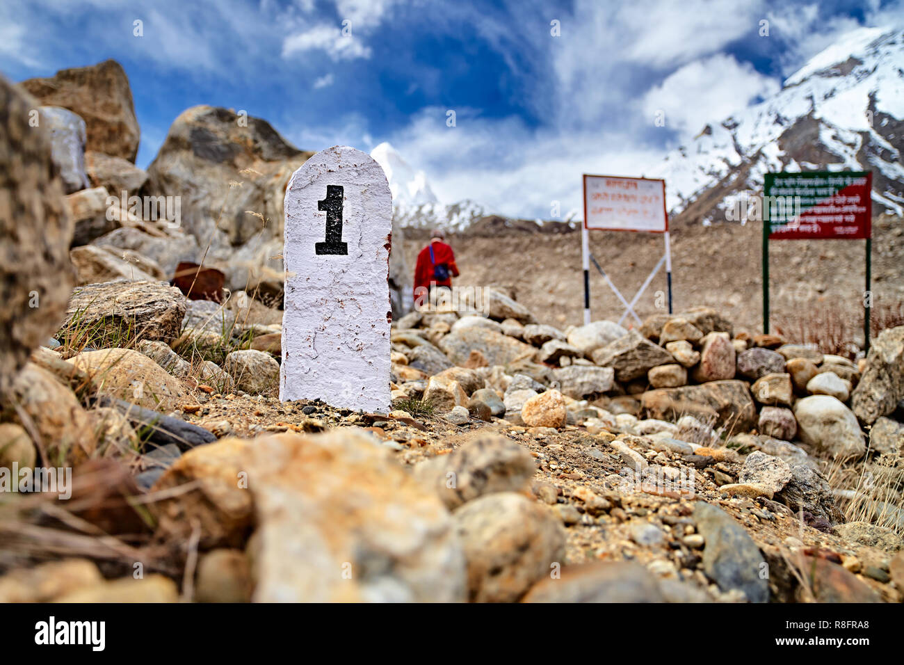 1st Kilometer stone in Himalaya mountains. Gangotri glacier, Gaumukh ...