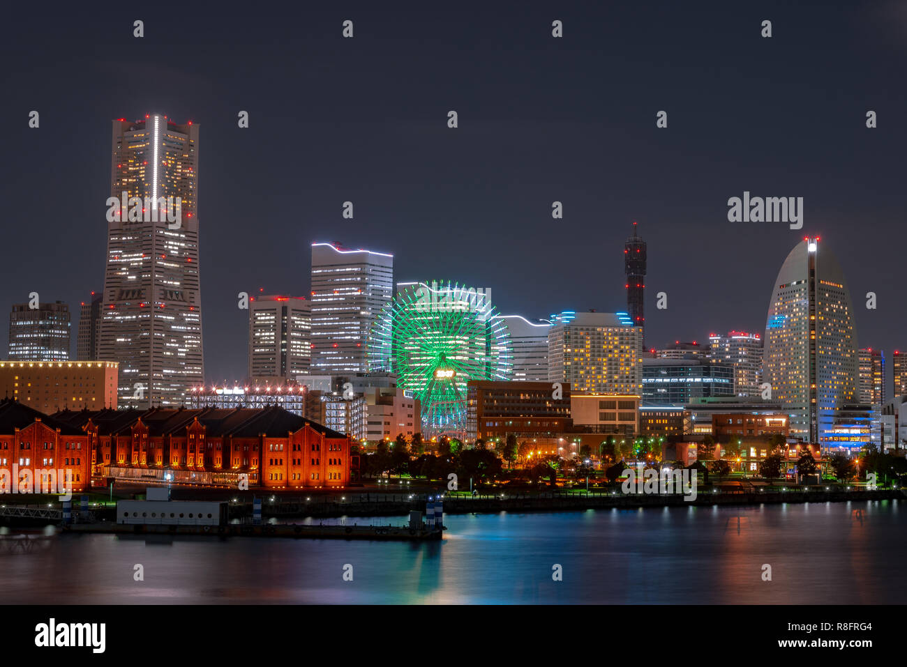 Urban skyline of Minato Mirai 21 area of Yokohama City at night in ...