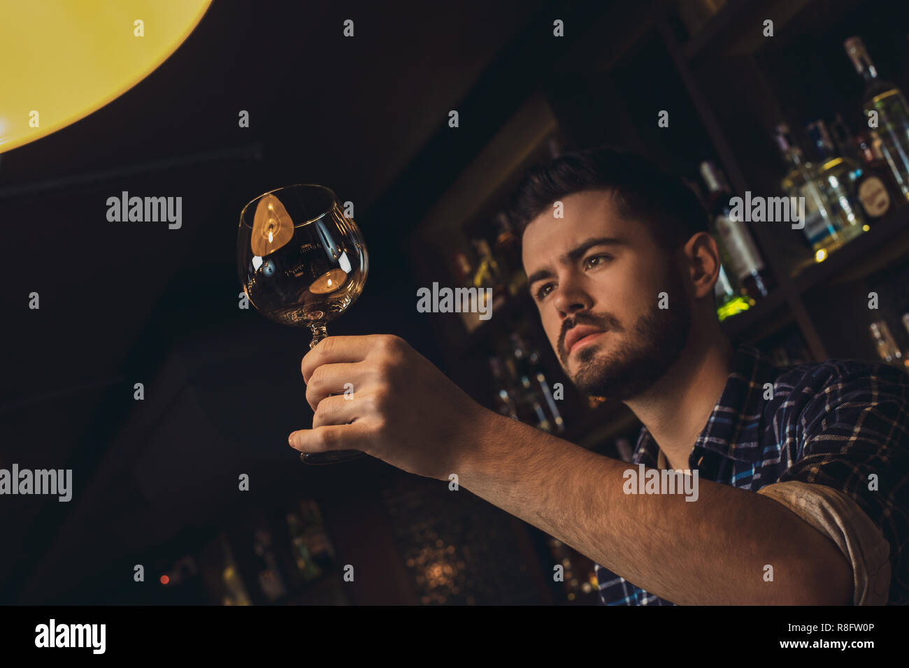 Young bartender standing at bar counter checking glass cleanliness ...