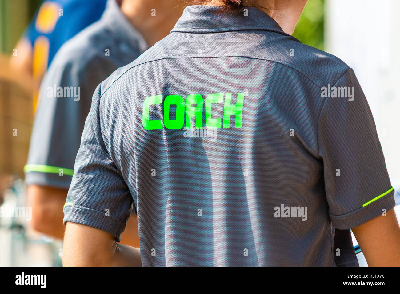 Back View Of Swimming Coaches Wearing Coach Shirt Working Together At