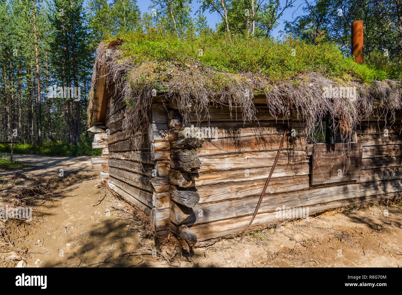 Traditional Sami loghouse with green roof in Lapland Stock Photo - Alamy