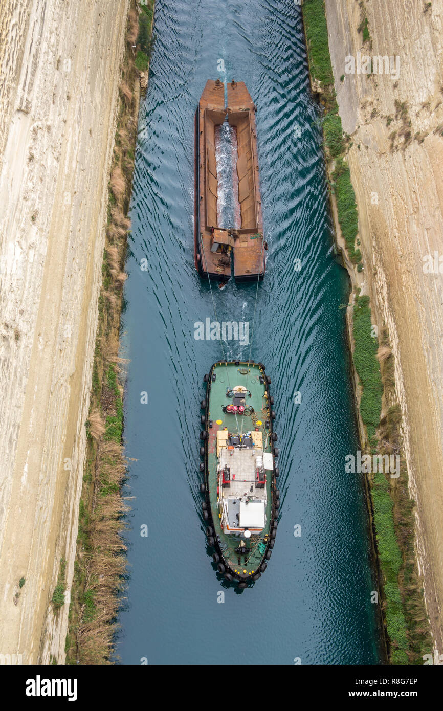 Boat crossing the Corinth channel in Peloponnese Greece Stock Photo - Alamy