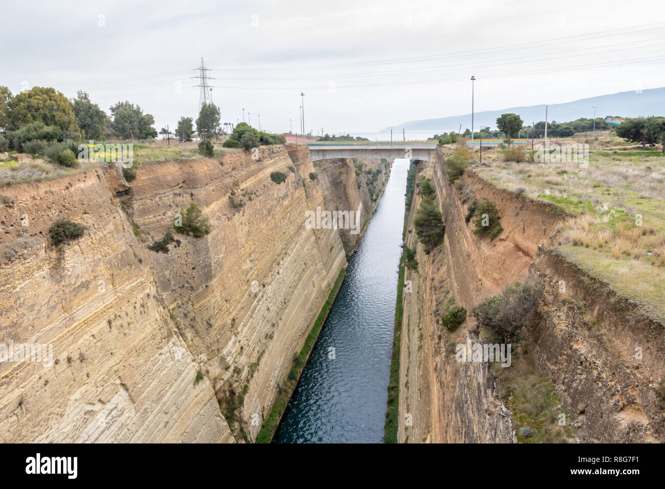 Boat crossing the Corinth channel in Peloponnese Greece Stock Photo - Alamy