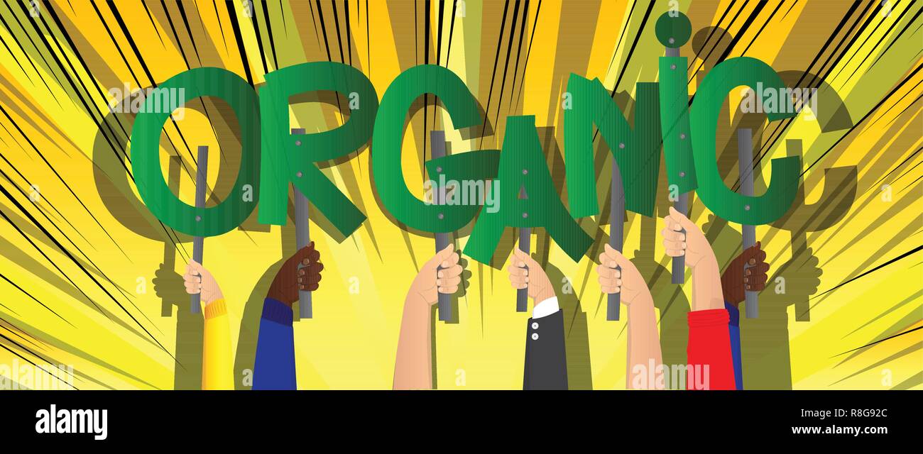 Diverse hands holding letters of the alphabet created the word Organic ...