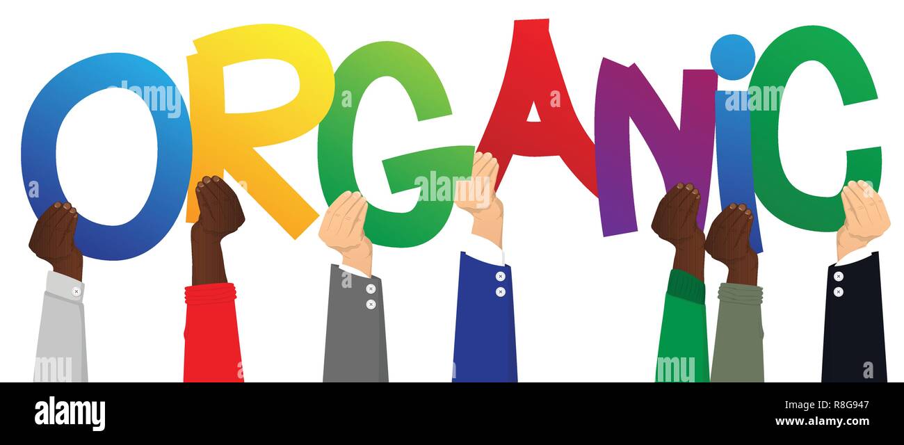 Diverse hands holding letters of the alphabet created the word Organic ...