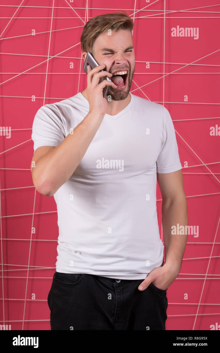 Rude manners concept. Guy call phone mobile conversation. Macho ...