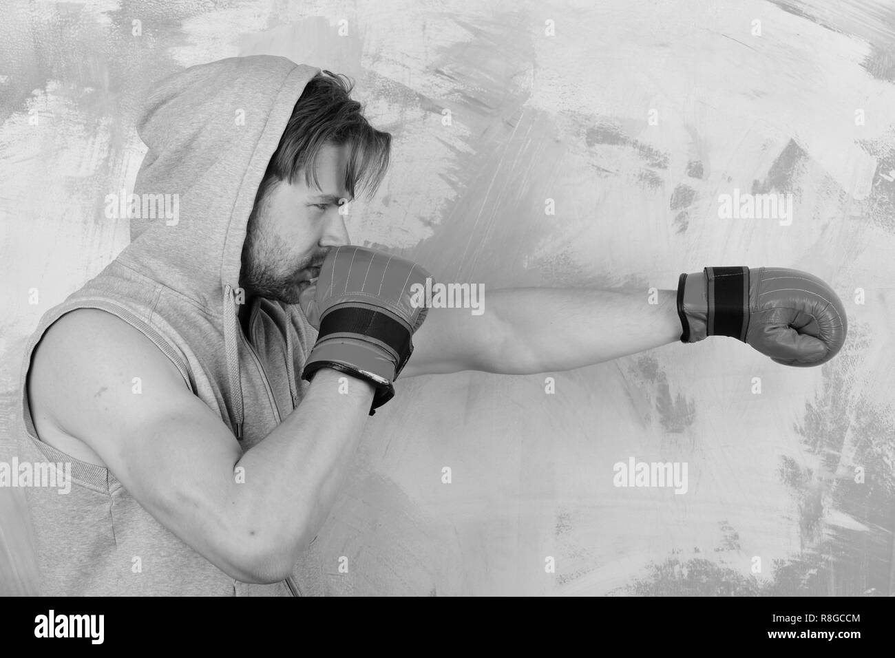 Sports, box and fight concept. Boxer with concentrated face trains to ...