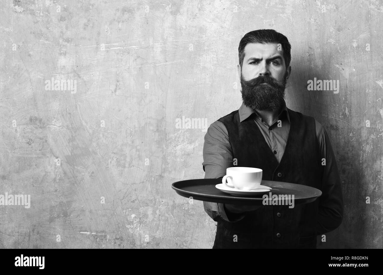 Waiter with white tea cup on tray. Service and restaurant catering ...