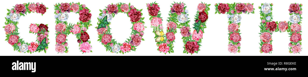 Word growth of watercolor flowers, isolated hand drawn on a white ...