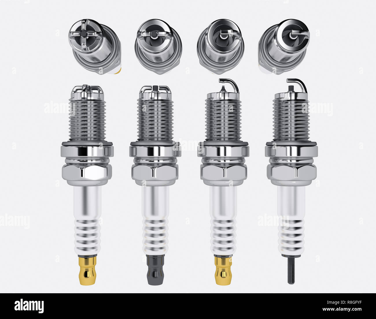 3D Spare parts spark plugs on white background for car and motorcycle ...