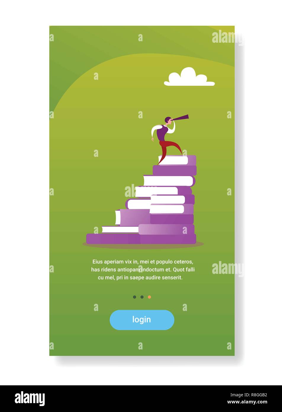 businessman standing book stack looking binocular future vision concept ...