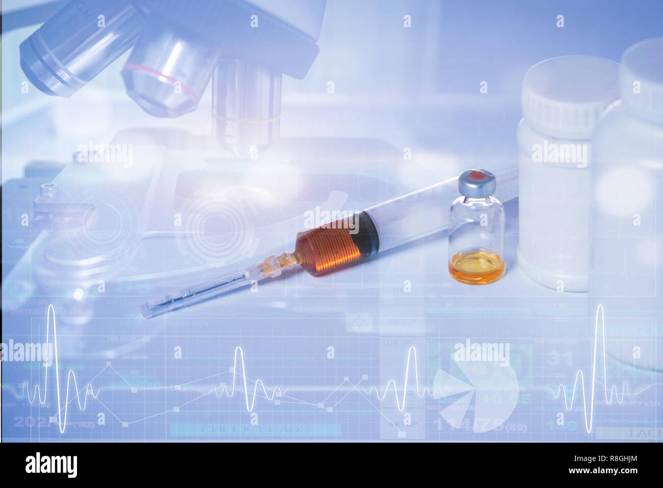 double exposure of injection medicine and microscope with ECG wave ...