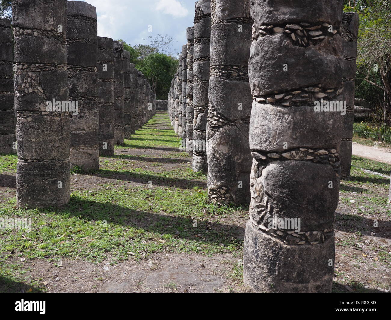 Columns in the Temple of a Thousand Warriors in Chichen Itza mayan town ...