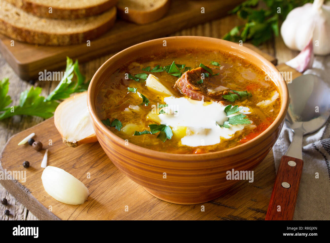 Traditional Ukrainian Russian borscht. Borsch, Soup with Sour Cream in ...