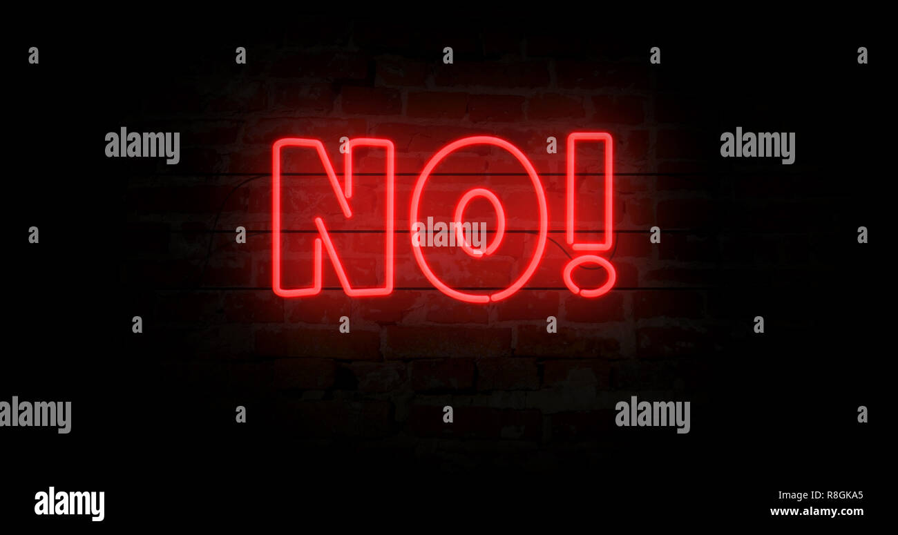 No neon sign light on brick wall background. Glowing large text ...