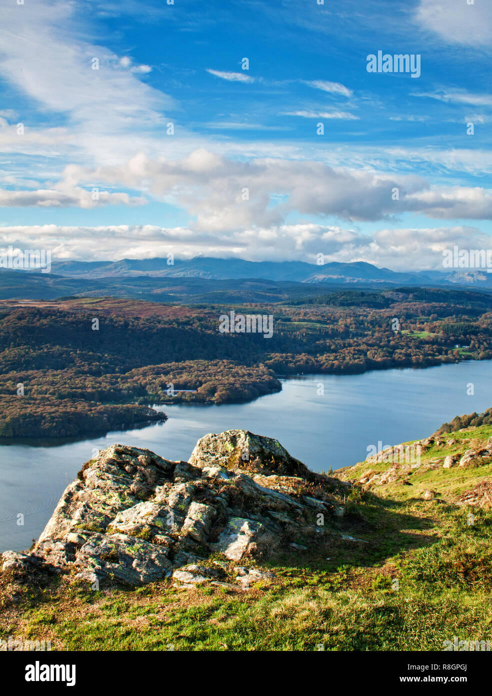 A portrait of distant Lakeland fells, viewed from the rocky slopes of ...