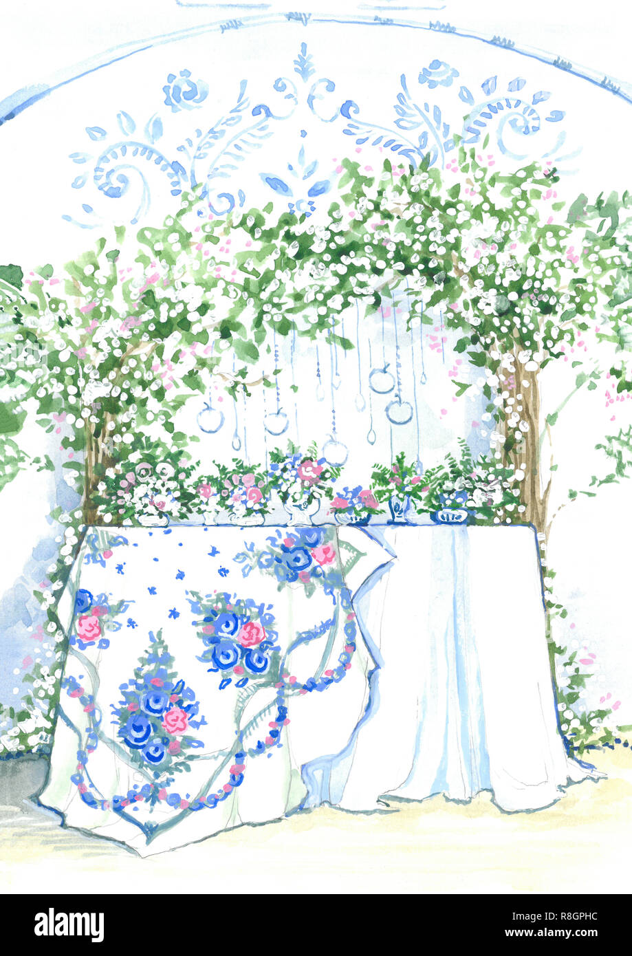 Wedding table decoration is just married. Sketch of wedding interior ...