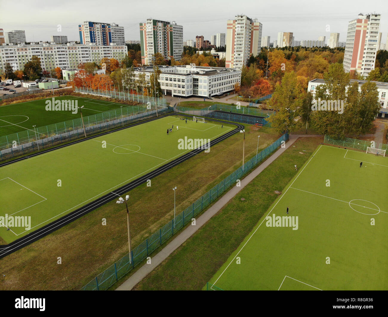 Moscow, Russia - October 29. 2018. landscape with school and football ...