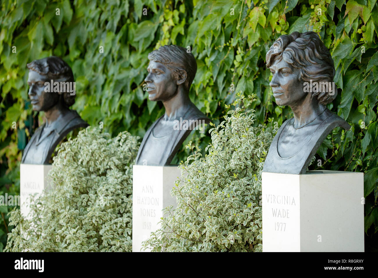 Statues of British tennis legends Virginia Wade, Ann Haydon Jones and ...