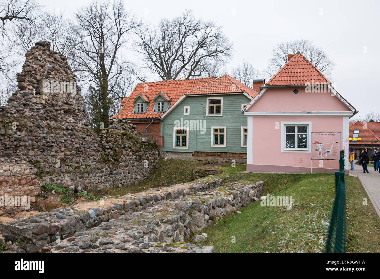 City Valmiera, Latvia. City old castle street, buildings and peoples ...