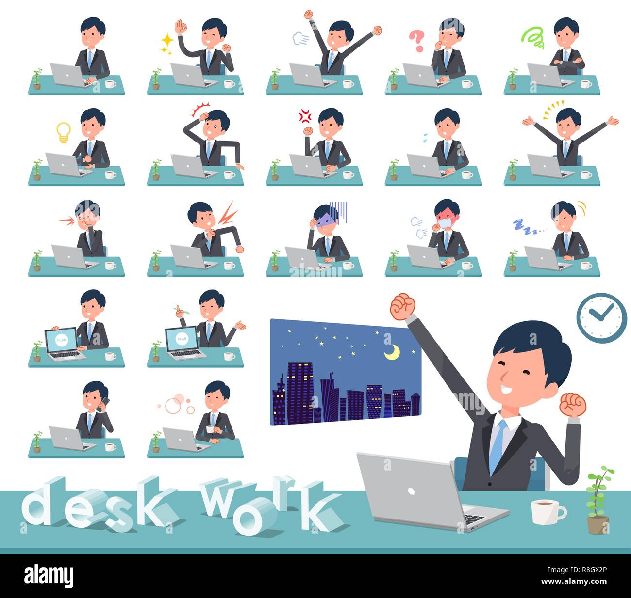 A set of businessman on desk work.There are various actions such as ...
