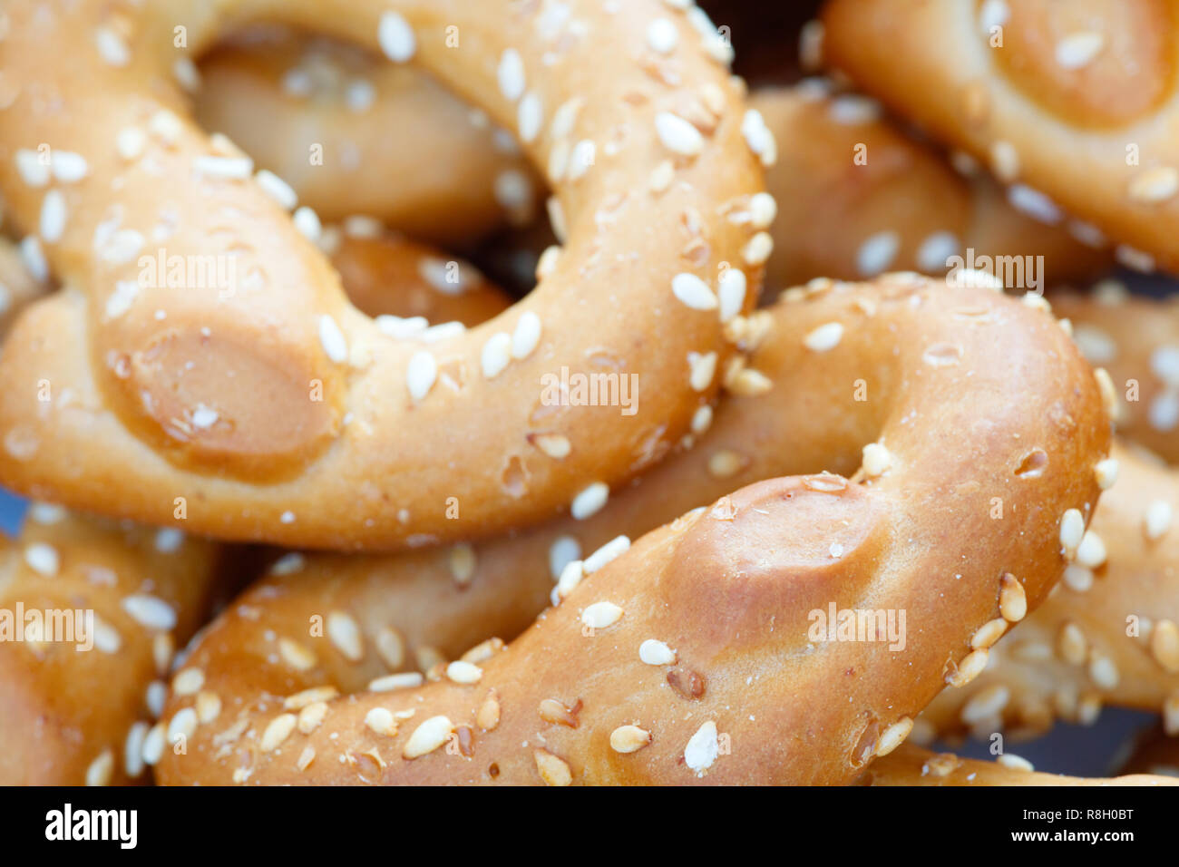 Many closeup round hard bread chucks crackers, breakfast concept ...