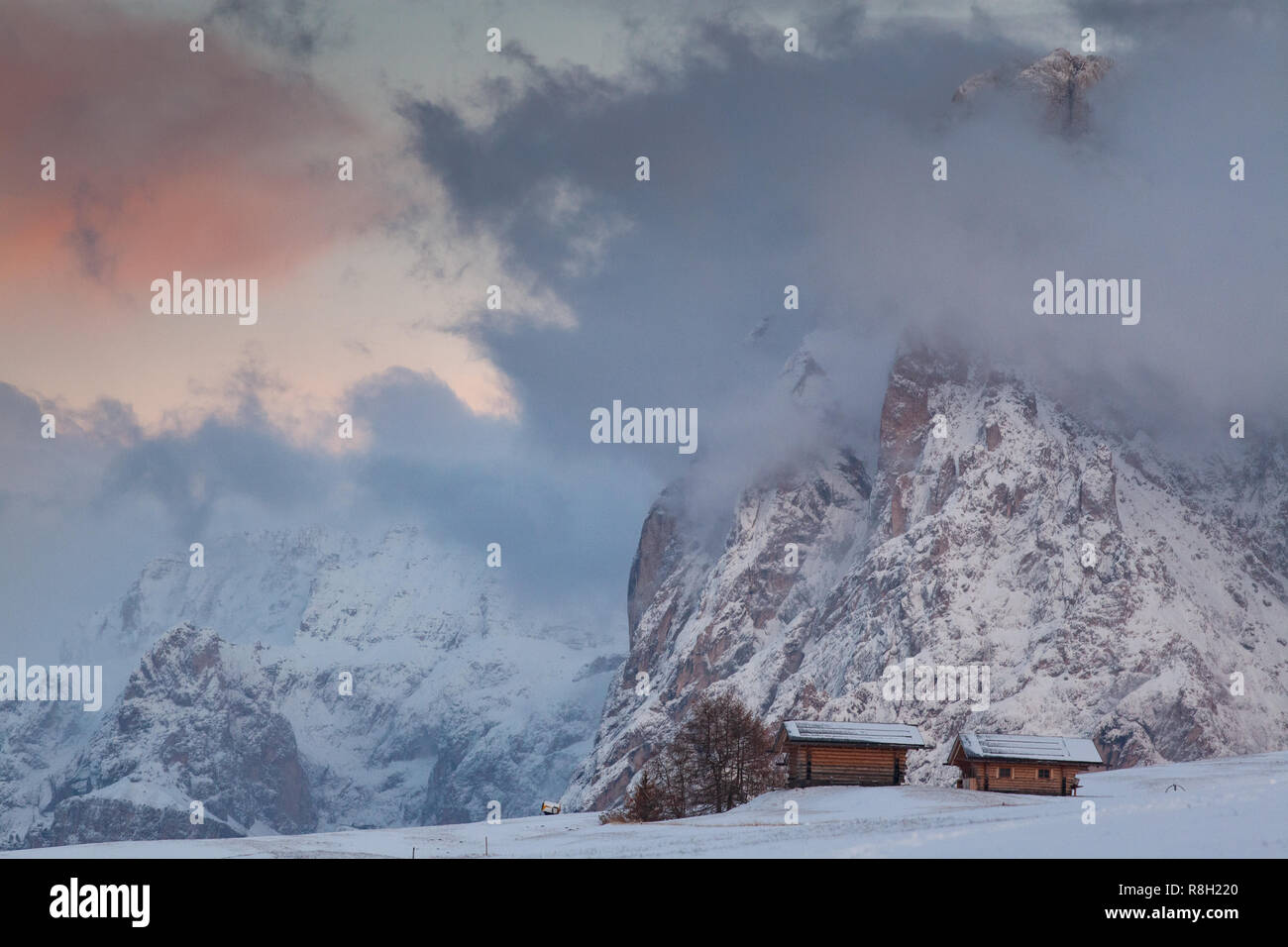 snowy early winter landscape in Alpe di Siusi. Dolomites, Italy ...