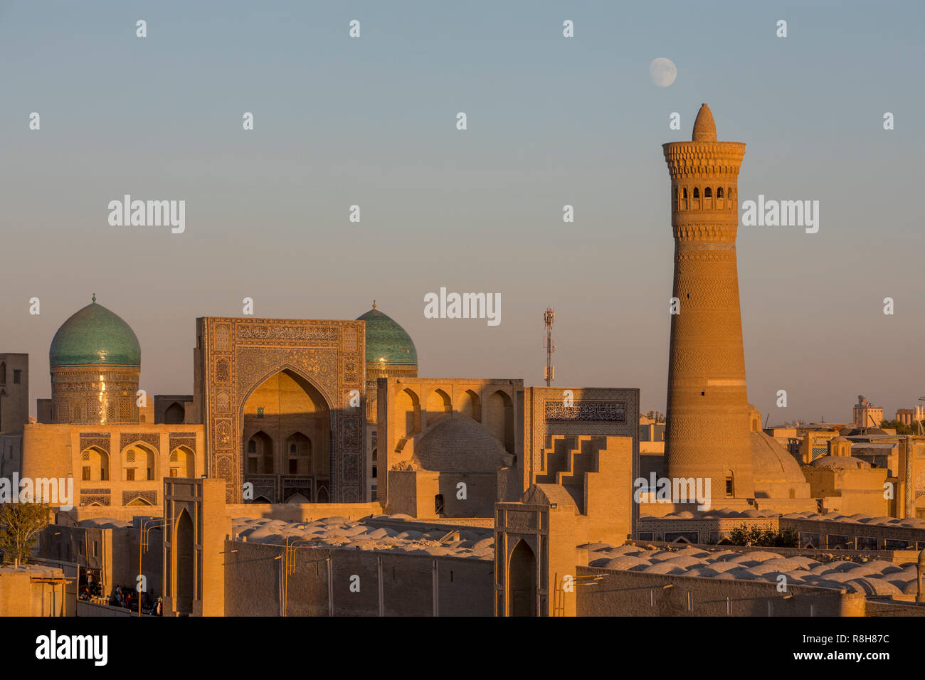 Cityscape, Skyline, Kalon minaret and mosque. And Mir-i-Arab madrasa , Bukhara, Uzbekistan Stock ...