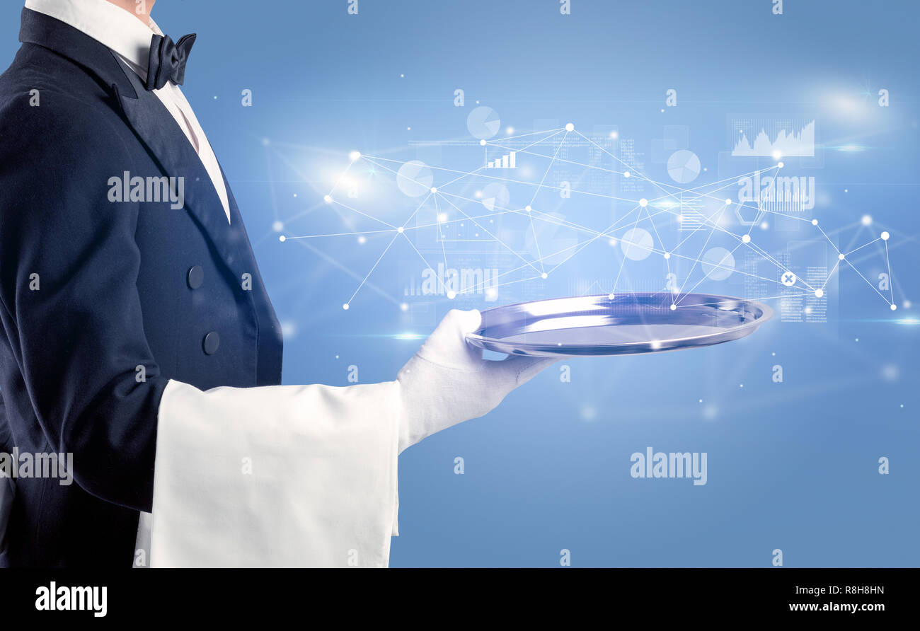 Young waiter serving financial concept on a metal tray Stock Photo - Alamy