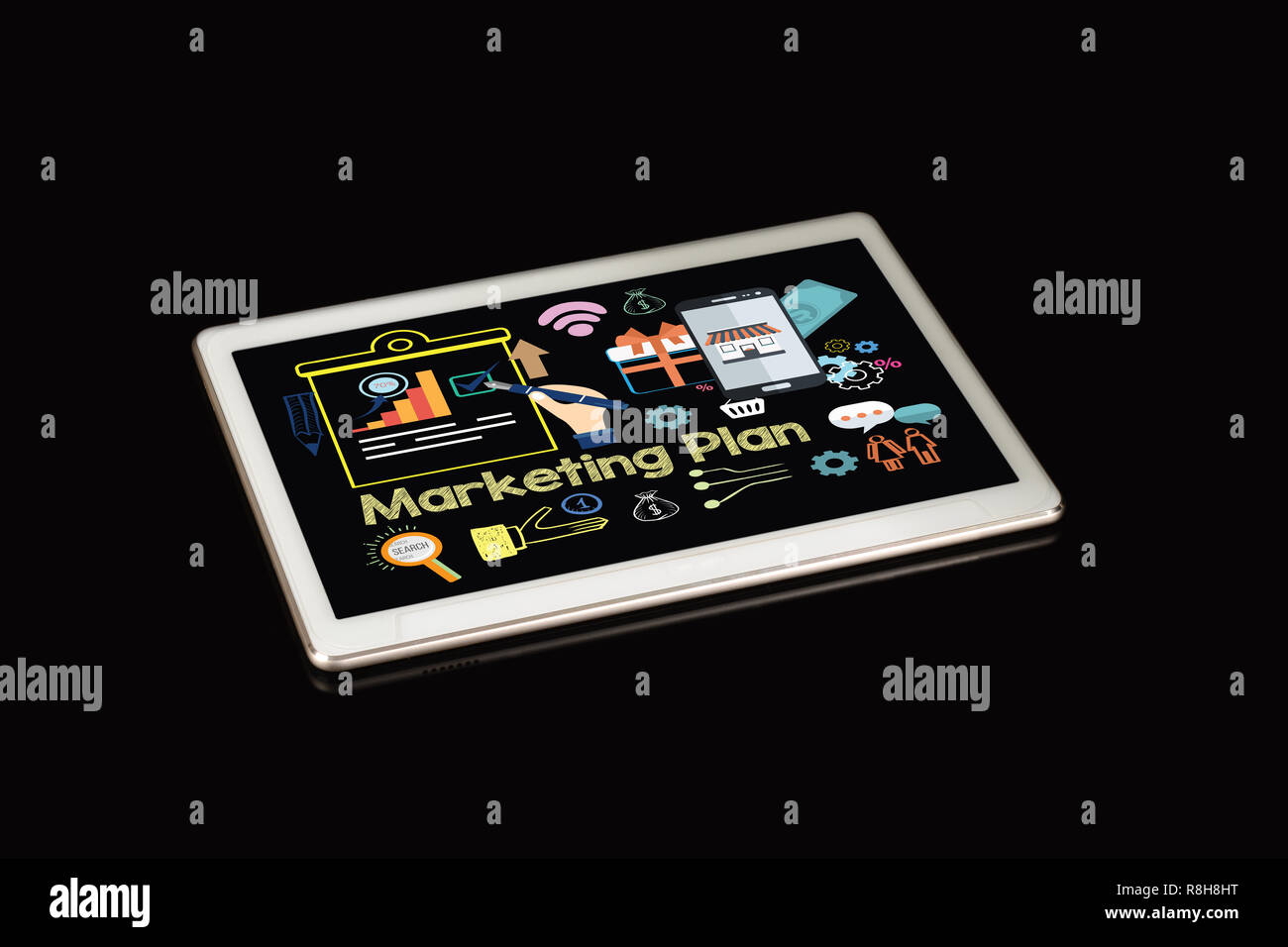 Marketing Plan theme with tablet screen on black background Stock Photo ...