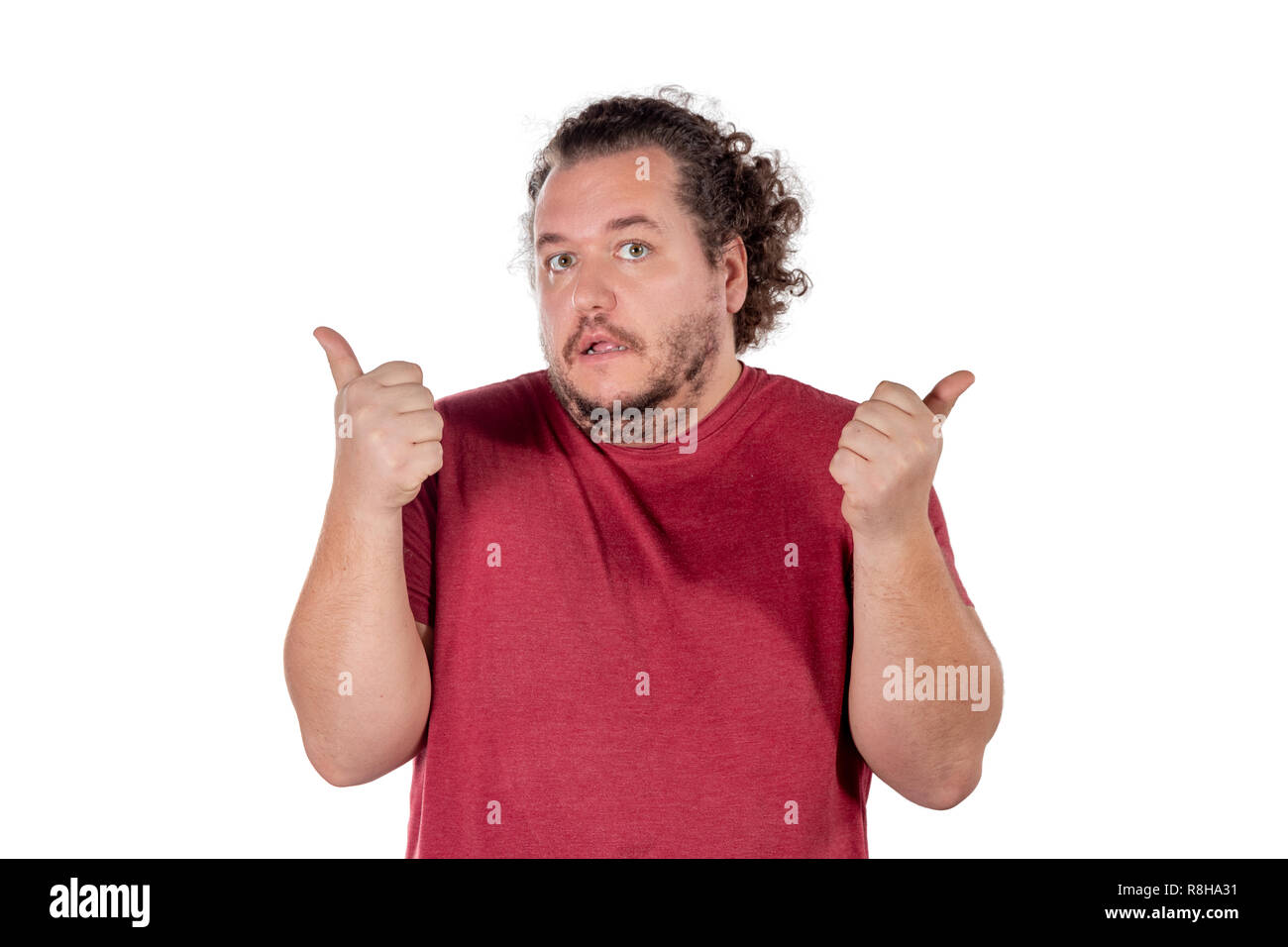 Fat happy man show thumb up sign Stock Photo - Alamy