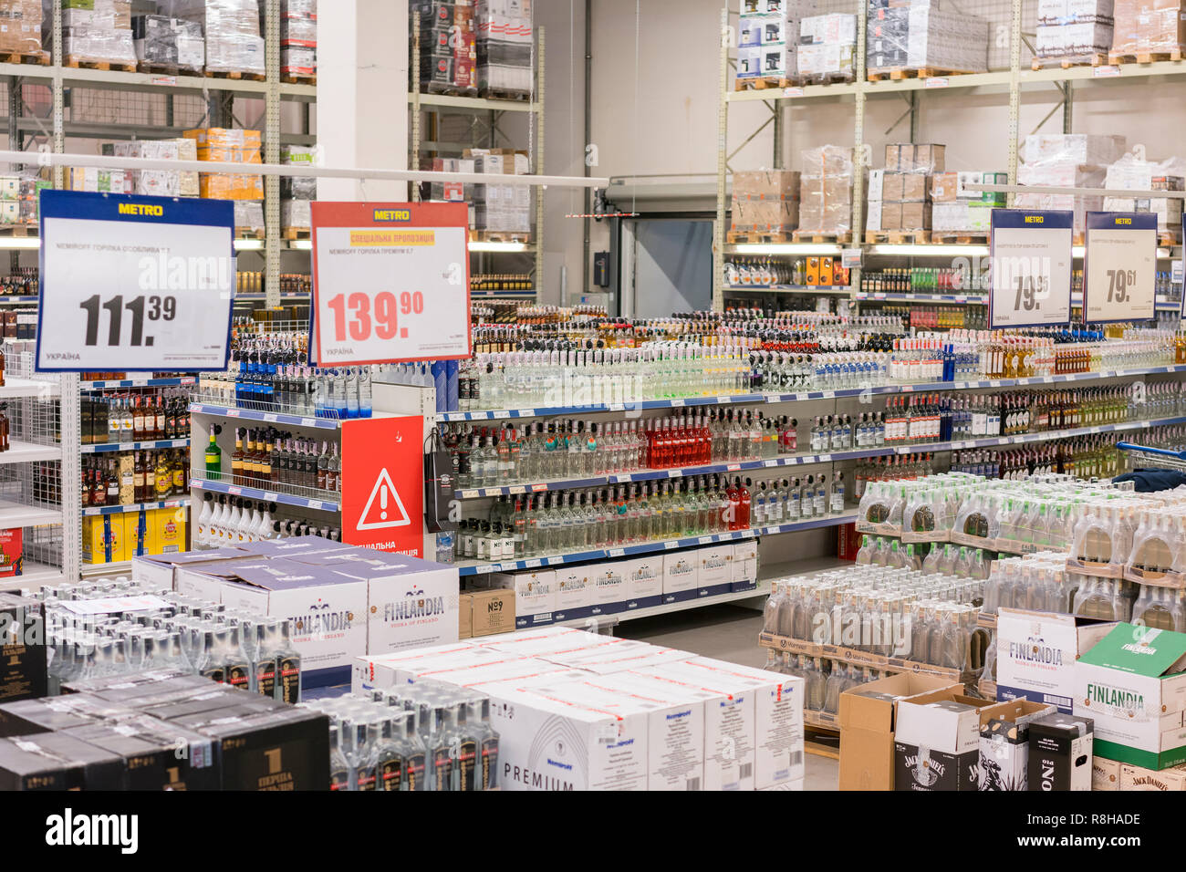 Kiev, Ukraine. August 28 2018. Shelves with countless bottles of wine ...