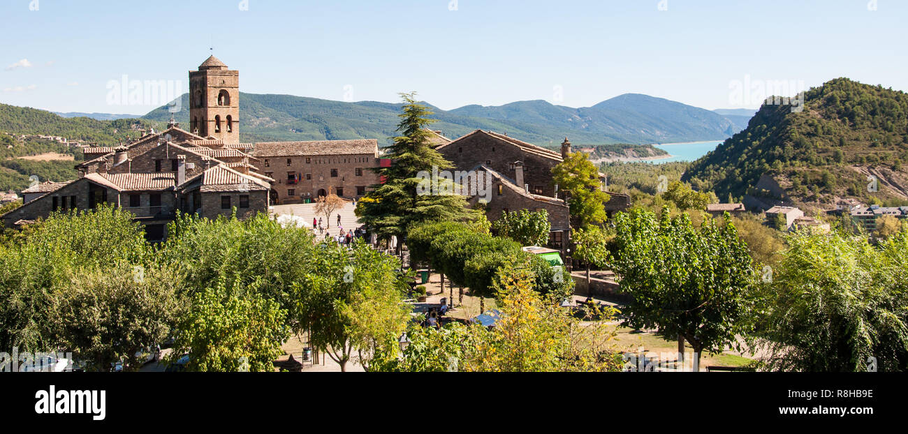 A skyline panorama of the town of Ainsa in Spain with the tower of the ...