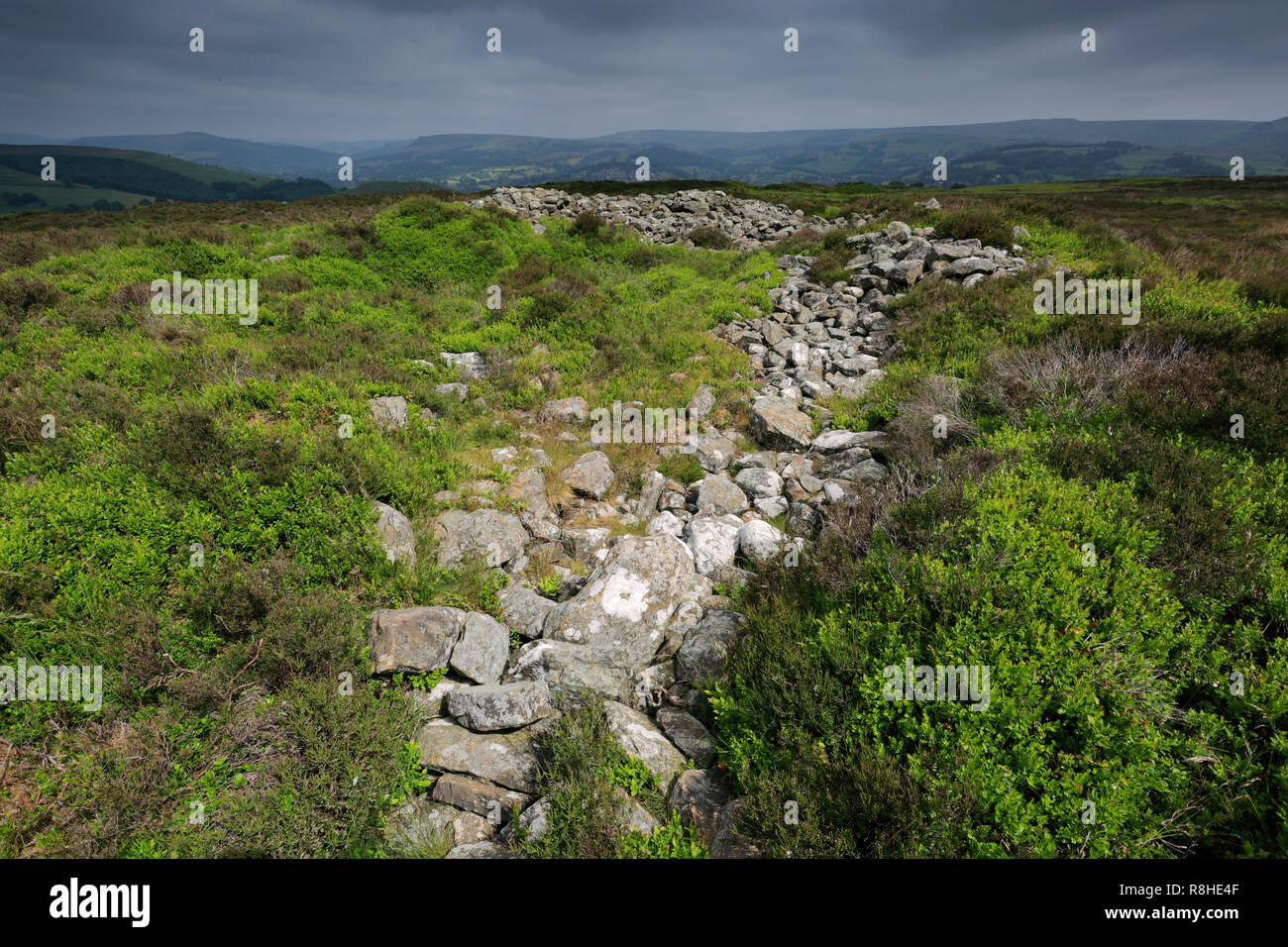 View over Eyam Moor Stone Circle and Barrow, Eyam village, Peak ...