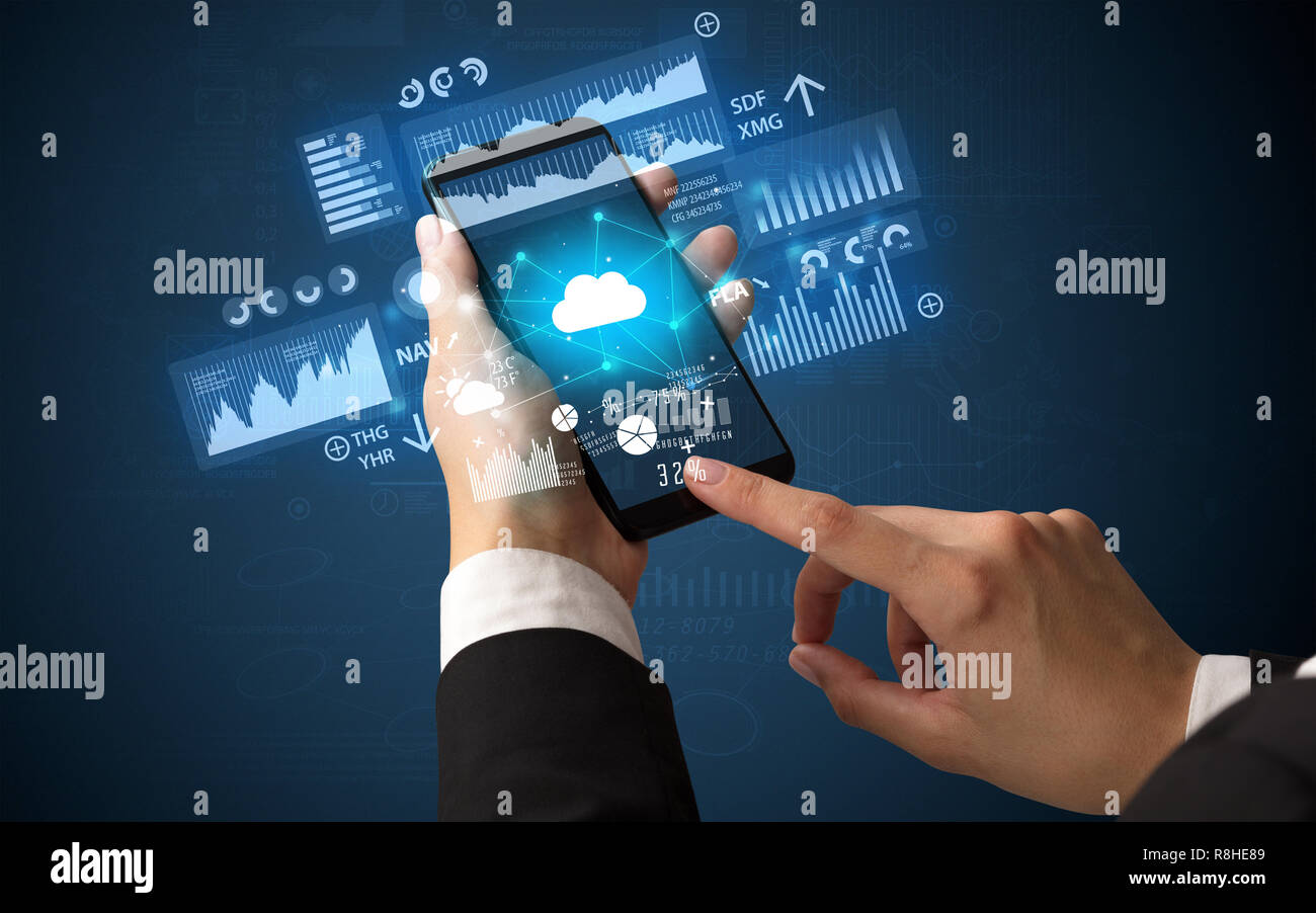 Female hand using smartphone with financial tracking concept ...