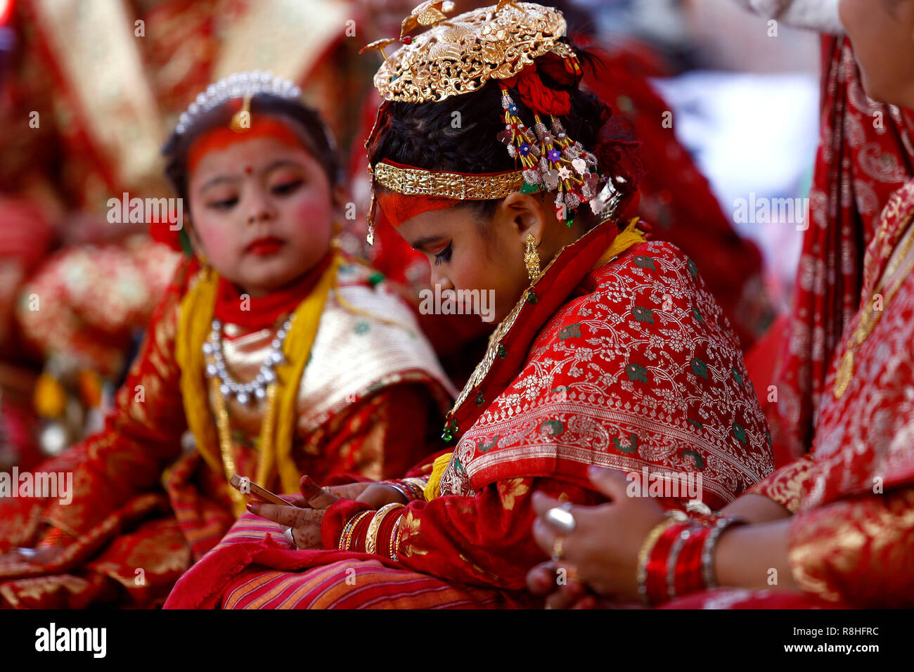 Kathmandu, Nepal, 15th December 2018. Newar girls dressed in bridal ...