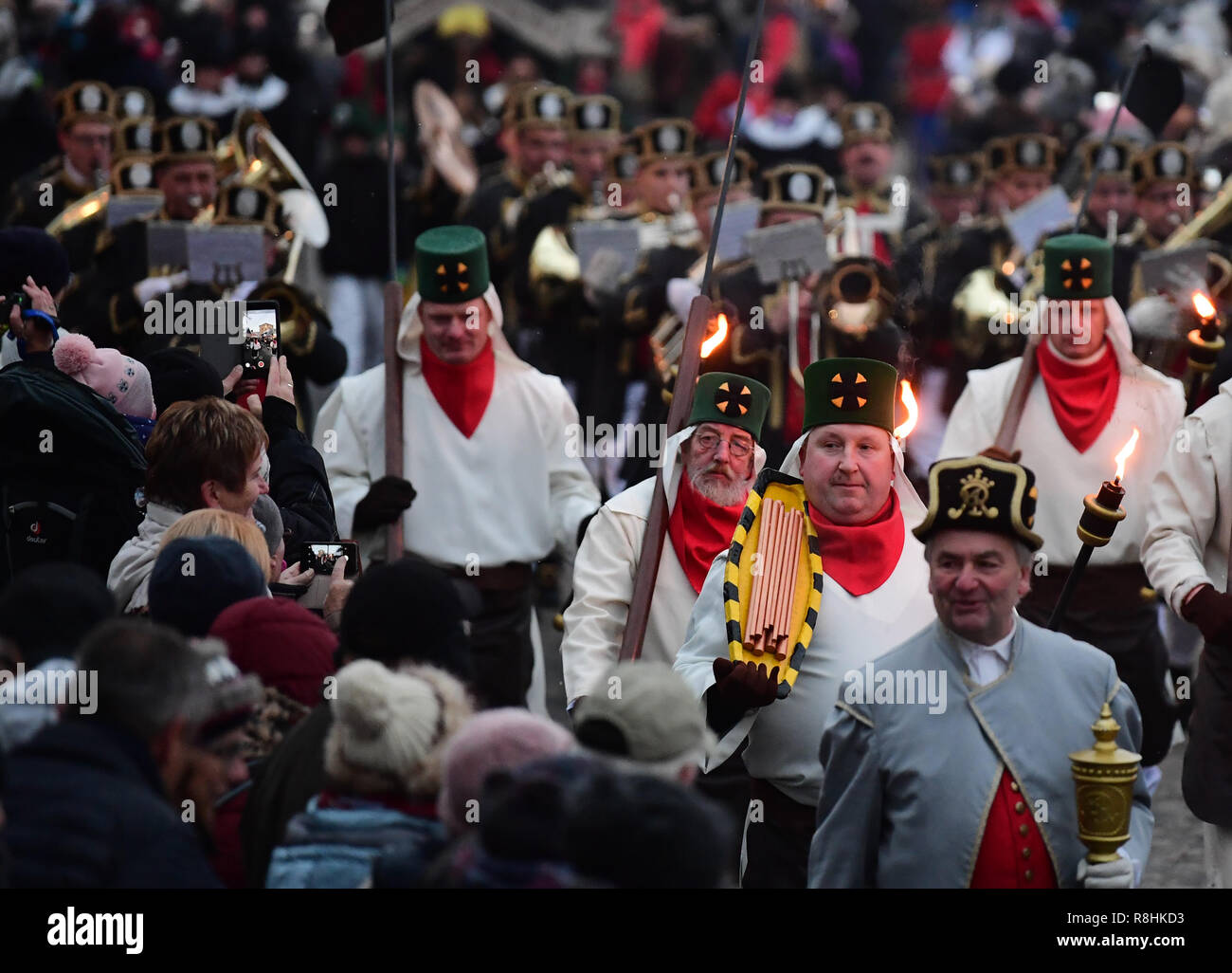 Seiffen, Germany. 15th Dec, 2018. Miners roam through Seiffen in their ...