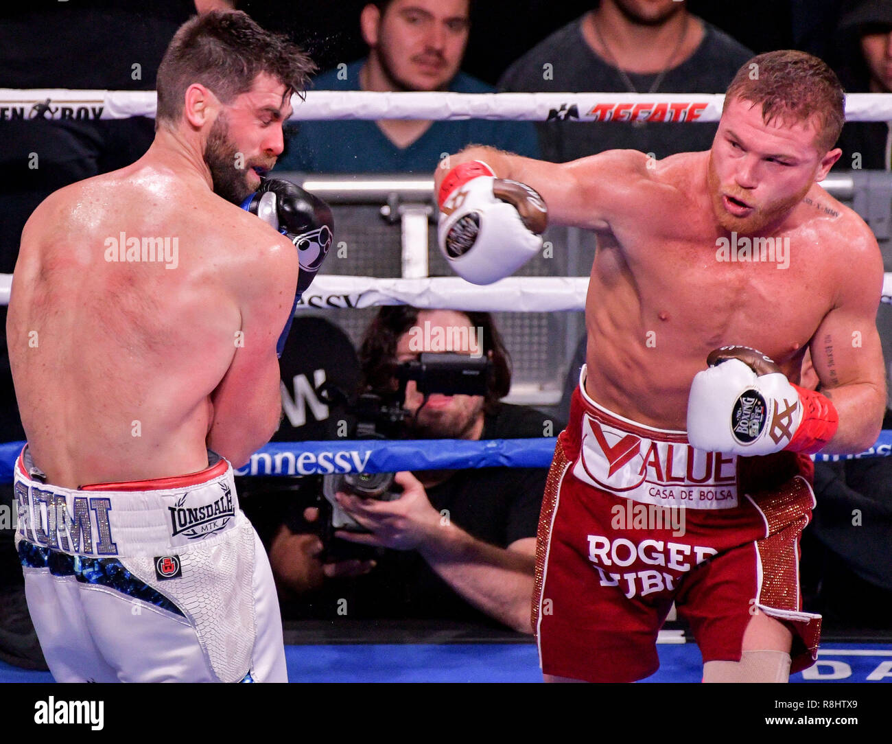 New York, New York, USA. 15th Dec, 2018. CANELO ALVAREZ (red trunks ...