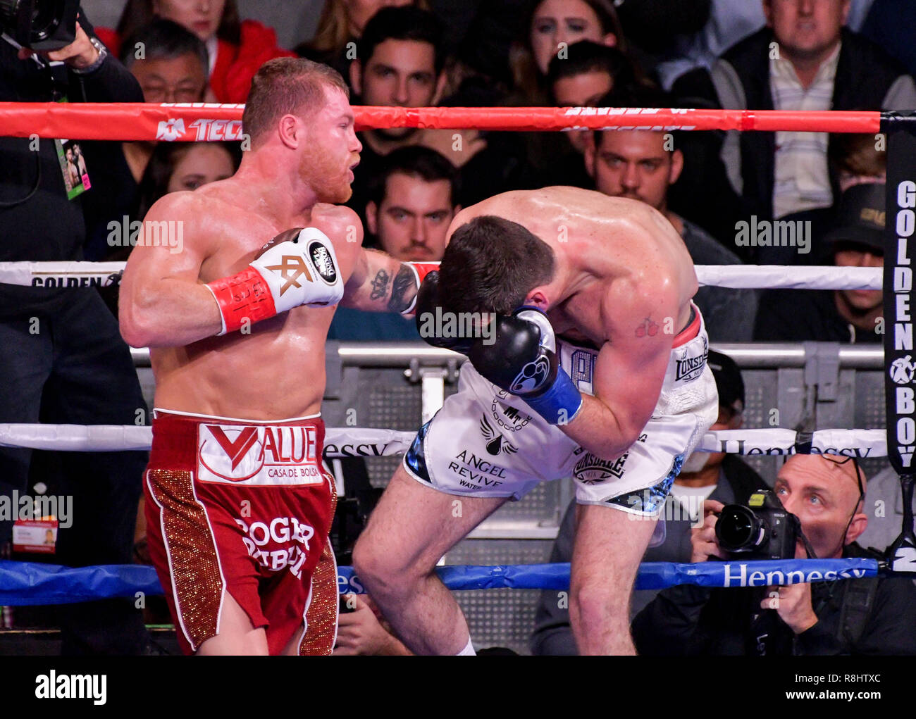 New York, New York, USA. 15th Dec, 2018. CANELO ALVAREZ (red trunks ...
