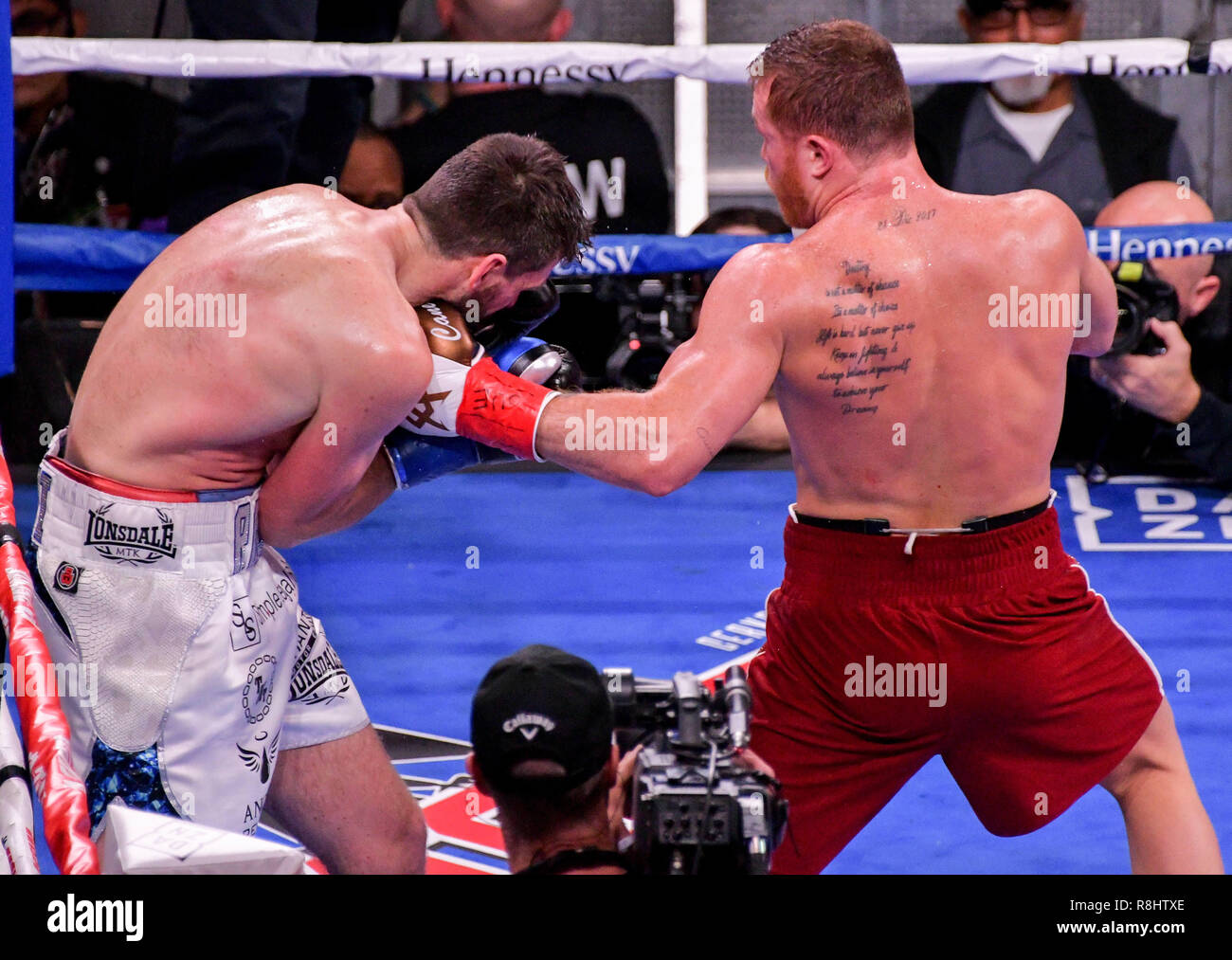 New York, New York, USA. 15th Dec, 2018. CANELO ALVAREZ (red trunks ...
