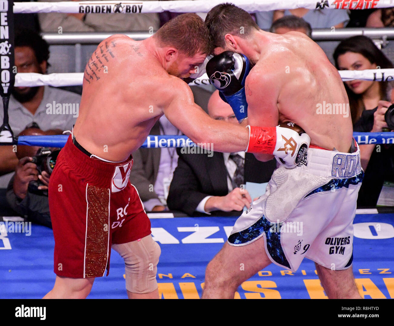 New York, New York, USA. 15th Dec, 2018. CANELO ALVAREZ (red trunks ...