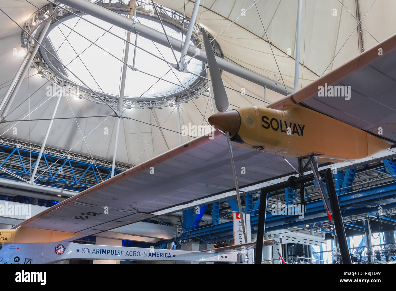 Paris, France - October 6, 2018: Exhibition of the famous Solar Impulse ...