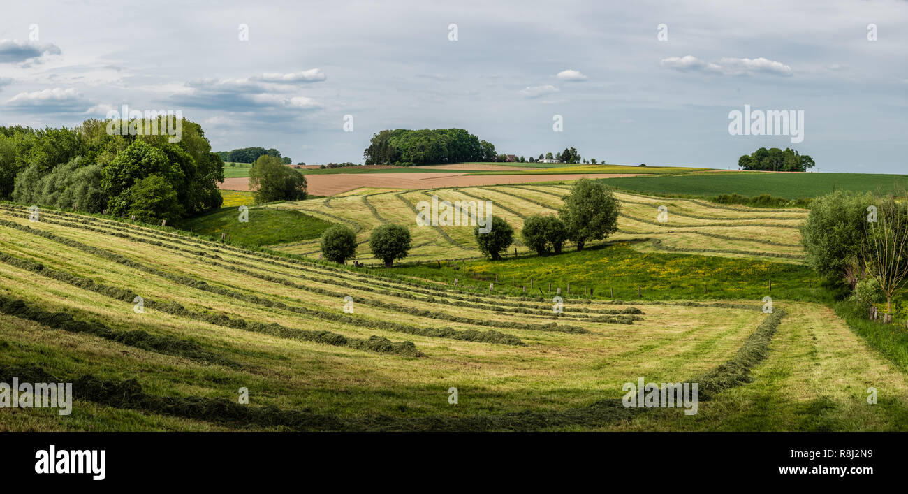 View over the hills at the Belgian countryside in the Pajottenland ...