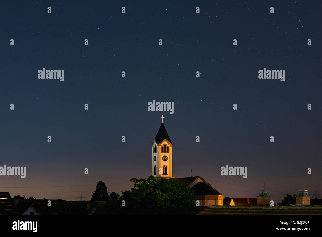 Church at nigth, blue sky with Stars Stock Photo - Alamy