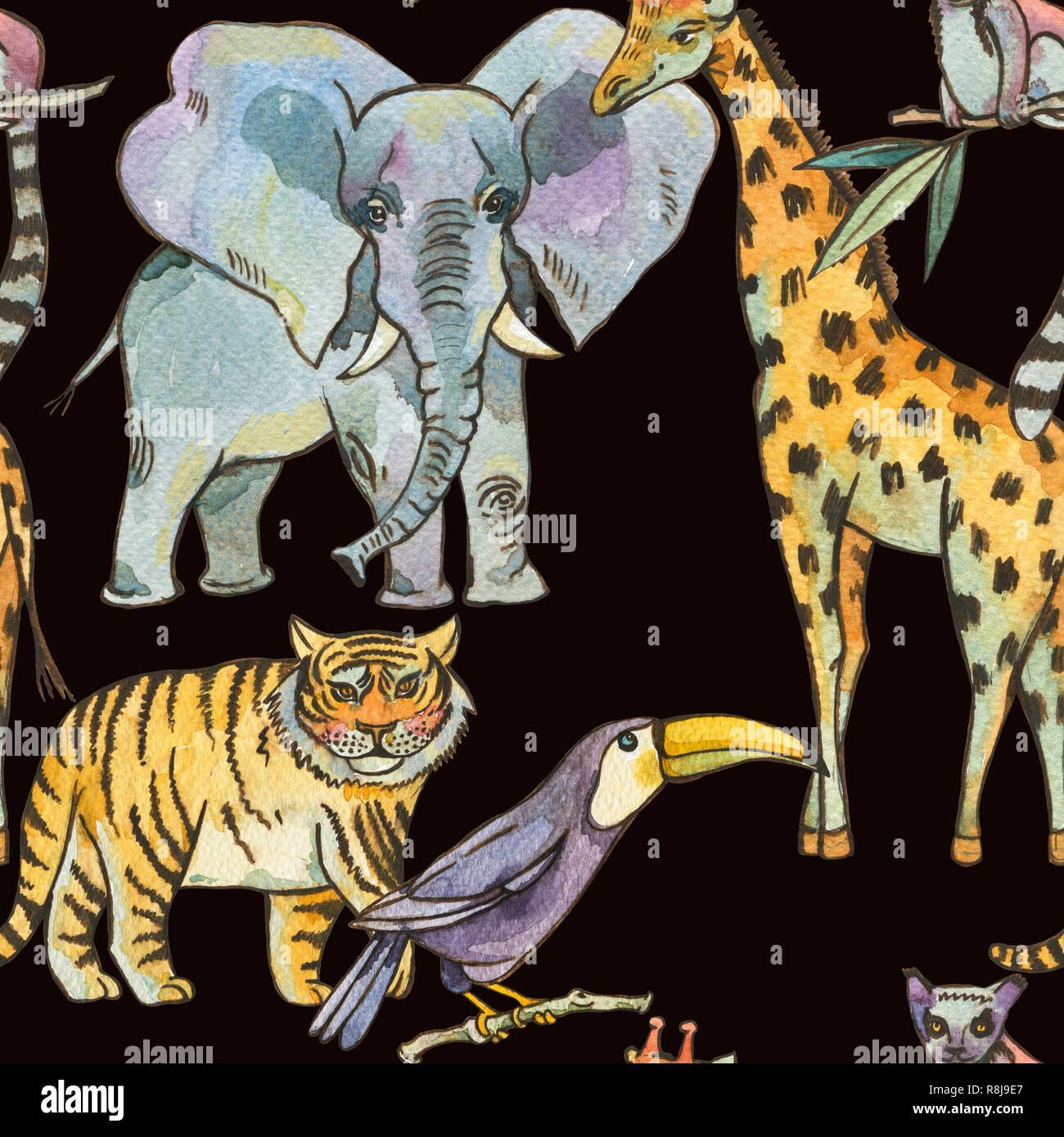 Watercolor seamless pattern with jungle animals, Natural Exotic ...