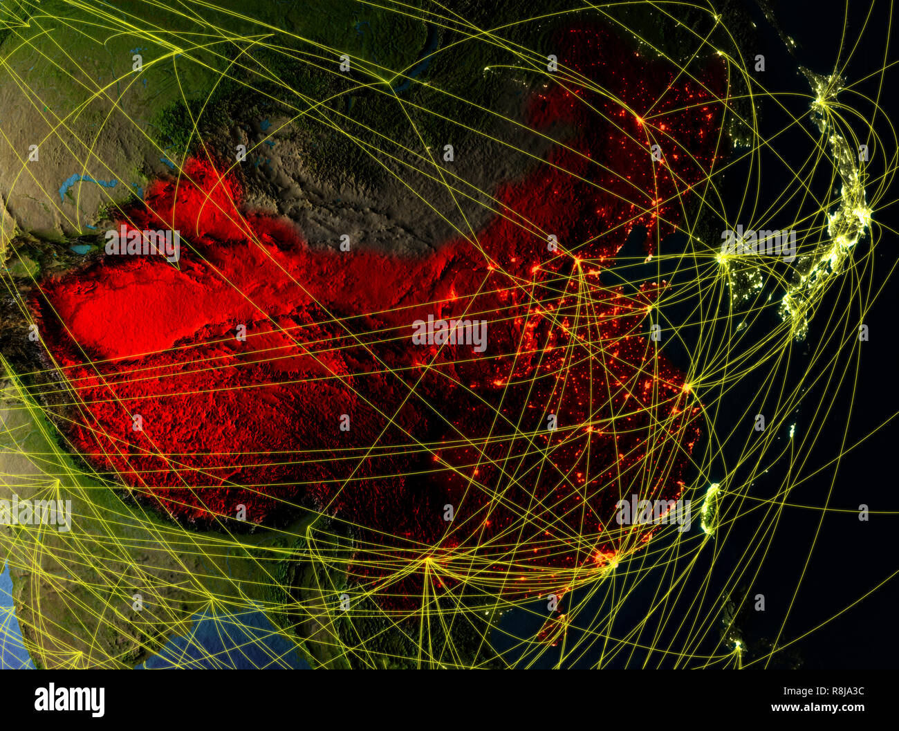 China from space on model of planet Earth with networks. Detailed ...