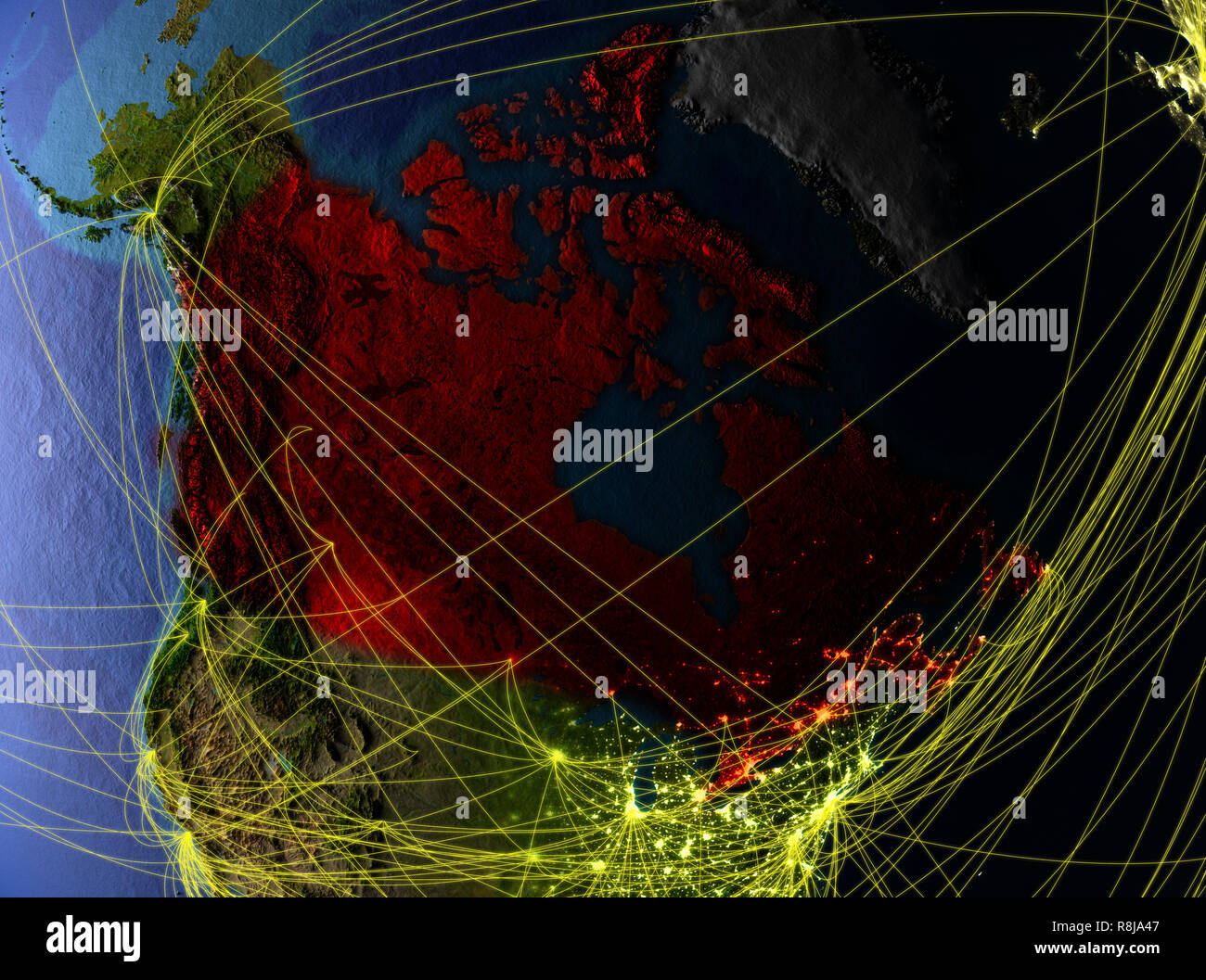 Canada from space on model of planet Earth with networks. Detailed ...