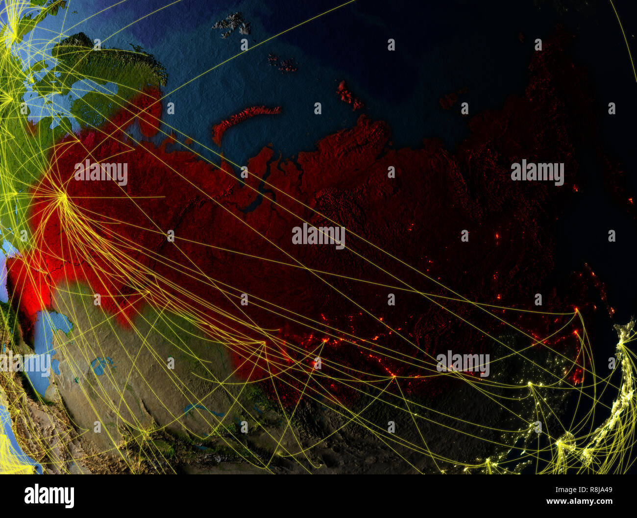 Russia from space on model of planet Earth with networks. Detailed ...