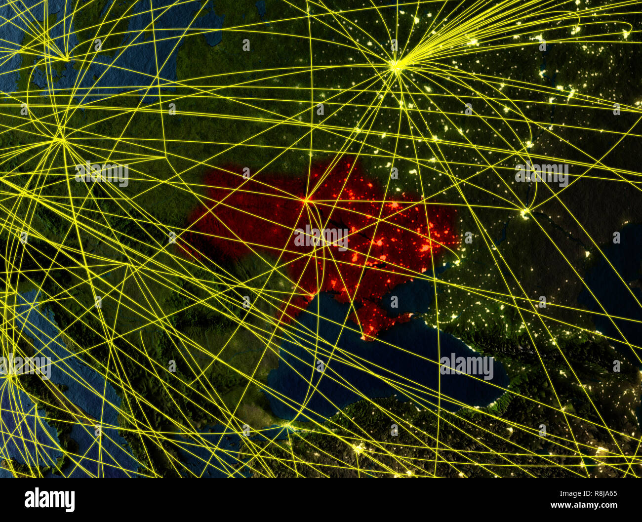 Ukraine from space on model of planet Earth with networks. Detailed ...
